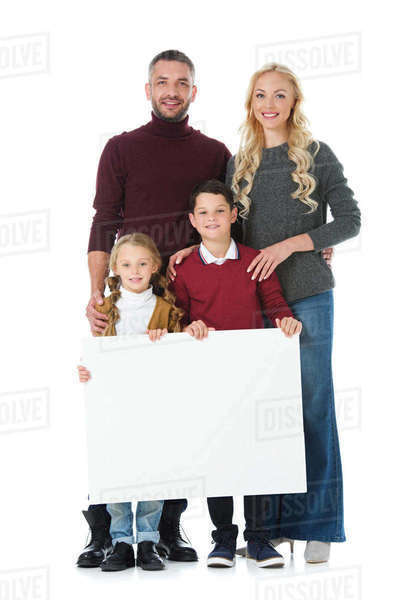 Happy family and children holding blank placard, isolated on white ...