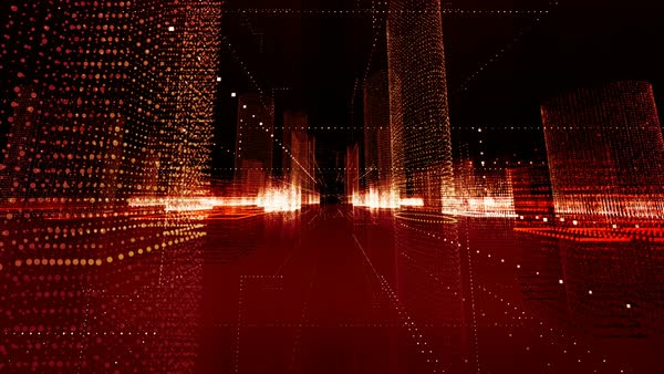 Futuristic matrix hologram city seamless loop showing digital buildings with particles - Stock ...
