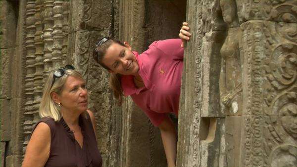 Siem Reap Cambodia Mother And Daughter Tourists At Temple Ta Prohm In Angkor Wat In Asia Stock