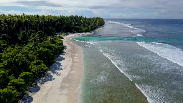 Endless palm or coconut tree groves and beautiful beaches on the island paradise of Teraina ...