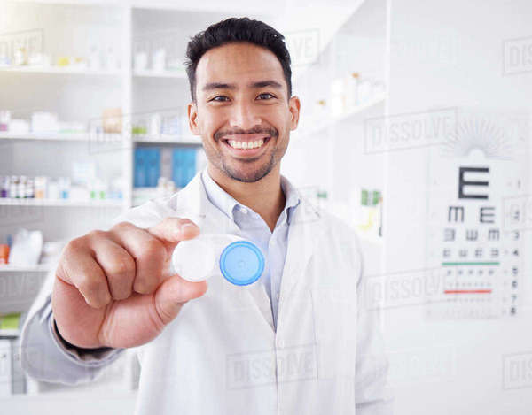 Happy asian man, doctor and contact lenses at pharmacy for sight, vision or healthcare solution ...