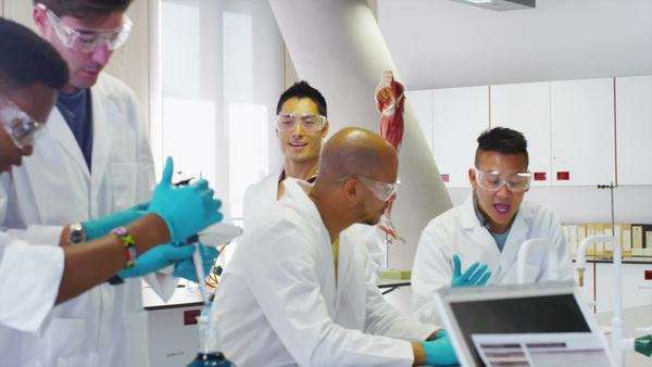Young group of university students working together in science class ...