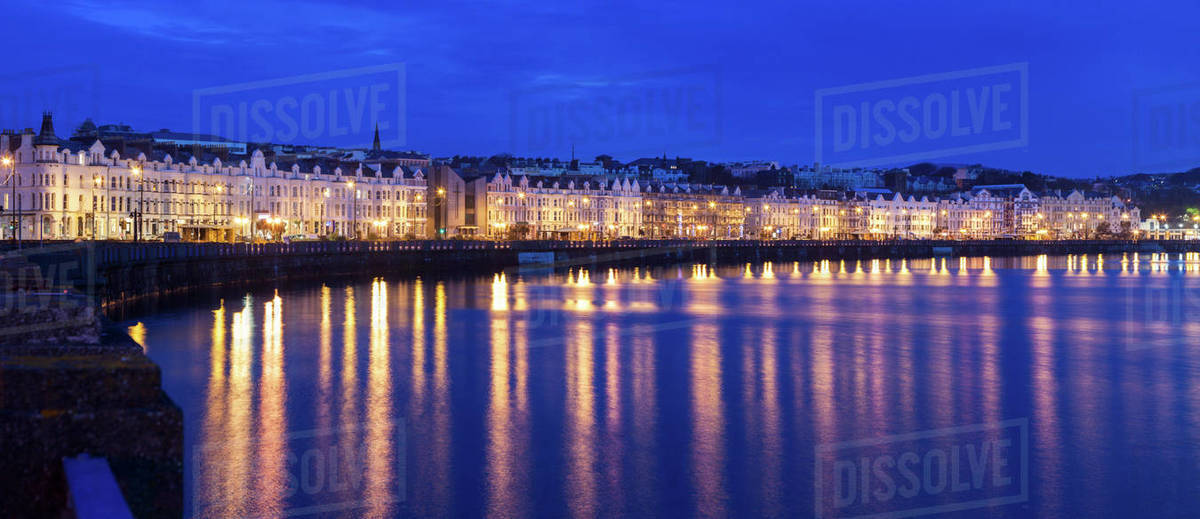 Buildings at night along waterfront of Douglas, Isle of Man - Royalty ...