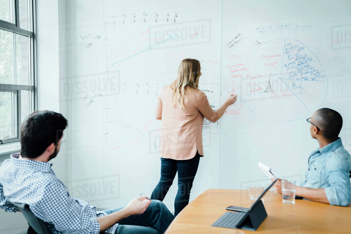 Woman using whiteboard during board room presentation - Stock Photo ...