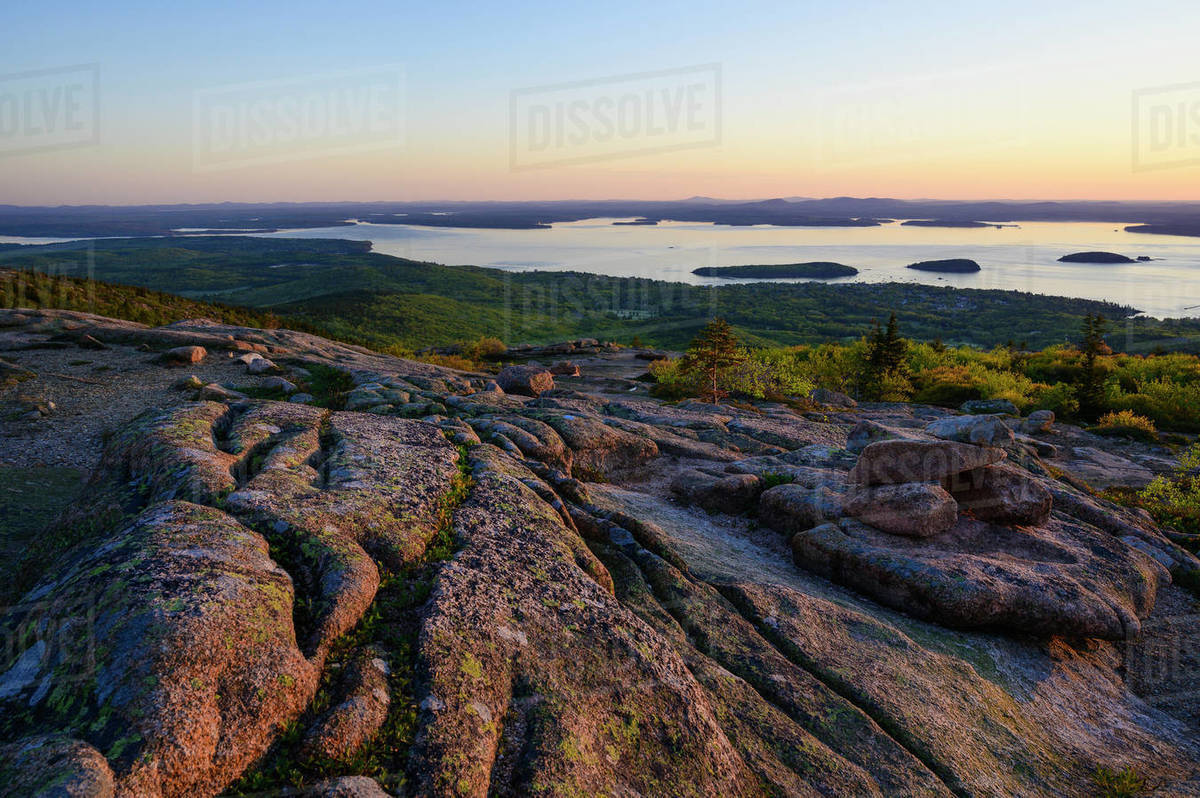 Granite rock formations at sunrise in Acadia National Park, USA ...