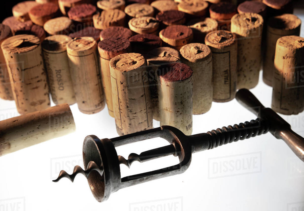 Corkscrew and collection of corks - Royalty-free Stock Photo | Dissolve