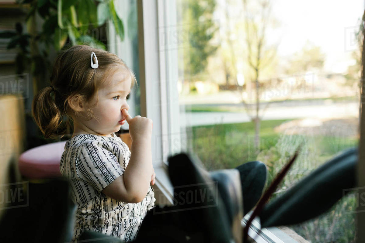 Girl (2-3) picking nose and looking through window - Stock Photo - Dissolve