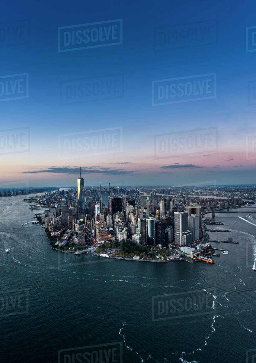 Aerial view of city with Freedom tower at night - Royalty-free Stock ...