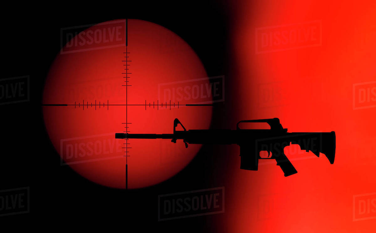Target crosshair with AR-15 rifle against red and black background ...