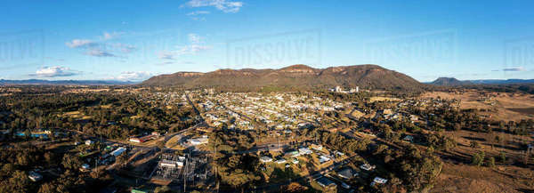 Australia, NSW, Kandos, Aerial view of town and mountains - Royalty ...