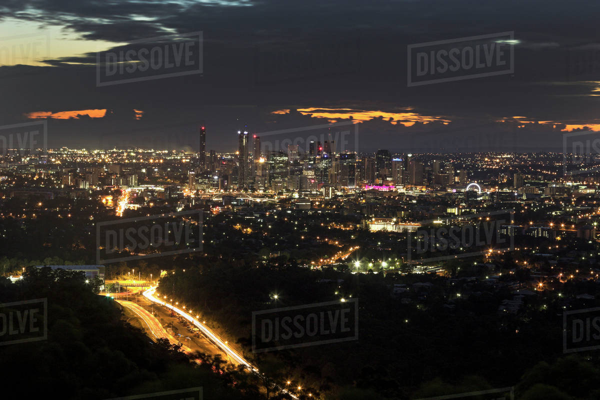 Aerial view of cityscape at sunrise - Stock Photo - Dissolve