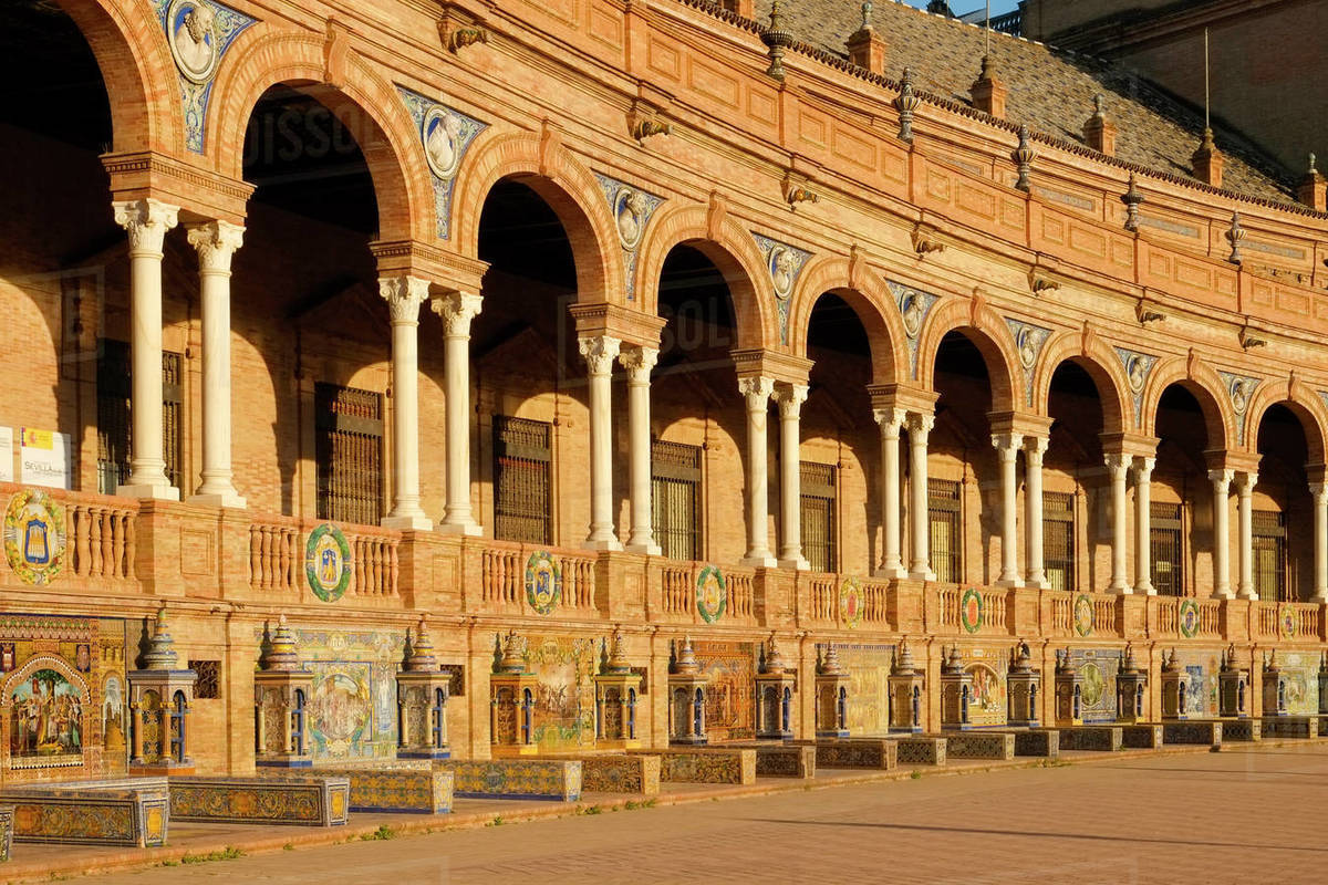 Spain, Seville, Gallery of the central building at Plaza de Espagna ...