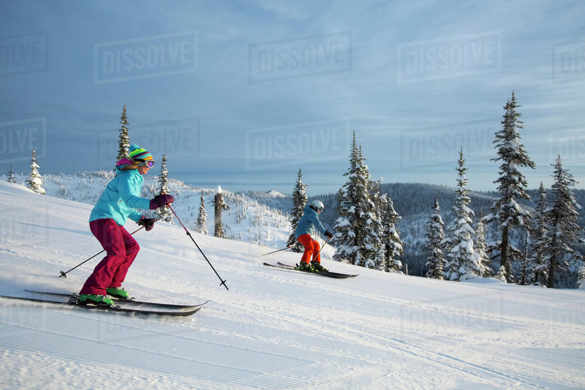 Side view of skiing couple - Stock Photo - Dissolve