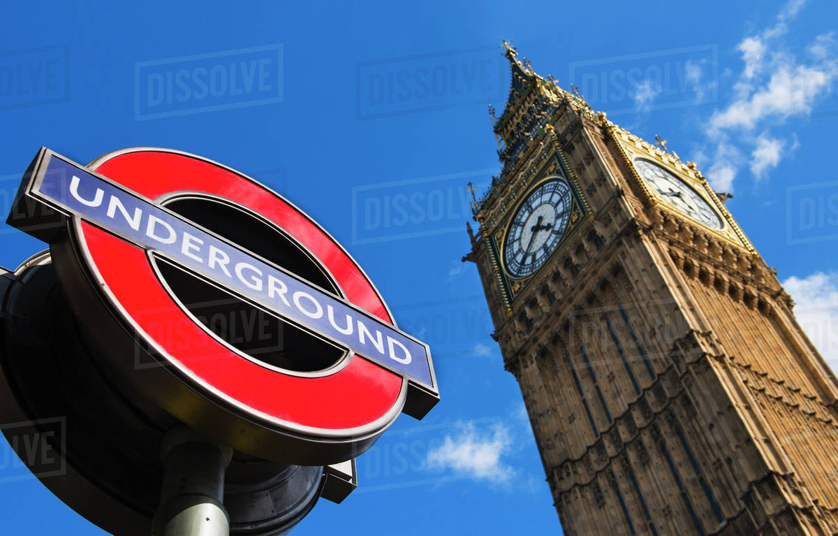 UK, England, London, Big Ben and underground sign - Stock Photo - Dissolve
