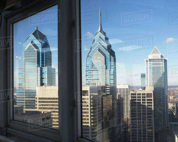 USA, Pennsylvania, Philadelphia, view through window on skyscrapers ...