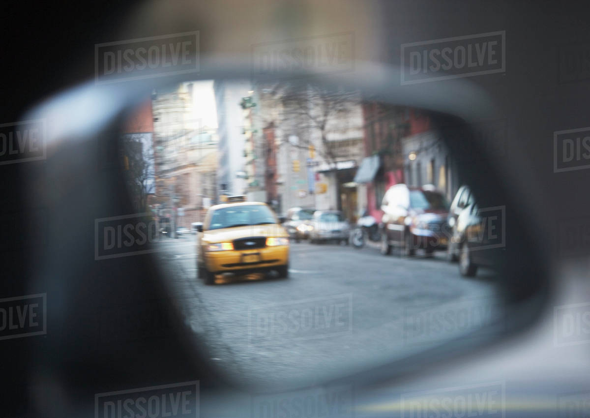 USA, New York state, New York city, close-up of taxi side-view mirror ...