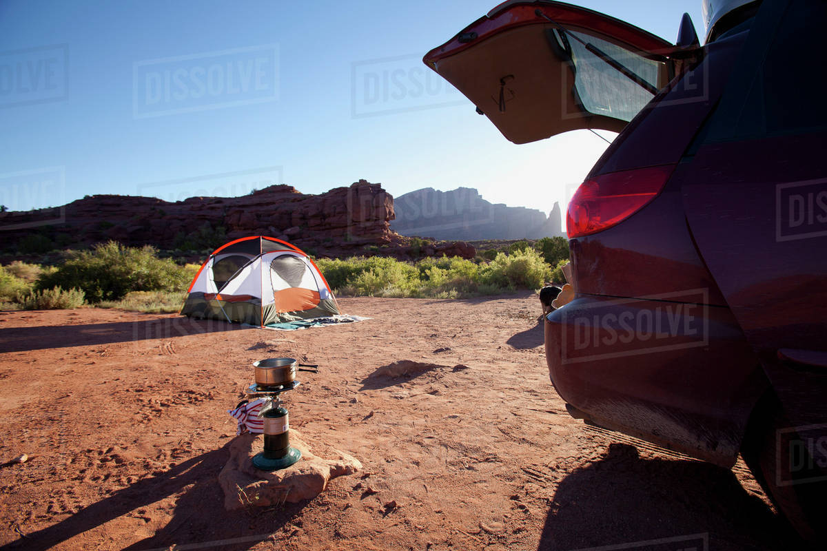 USA, Utah, Moab, Car and tent in desert - Royalty-free Stock Photo ...
