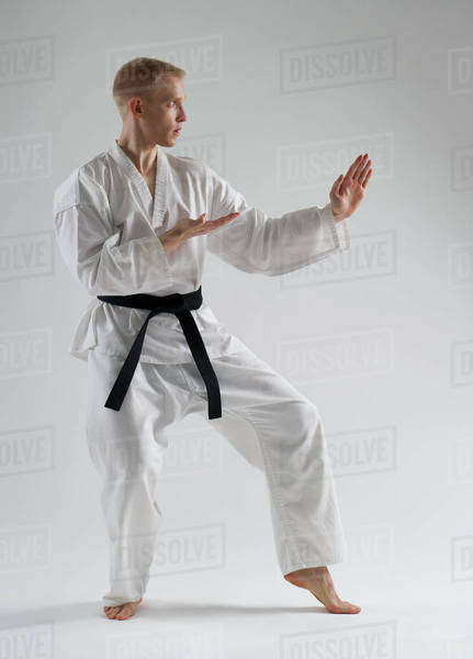 Young man performing karate stance on white background - Stock Photo ...