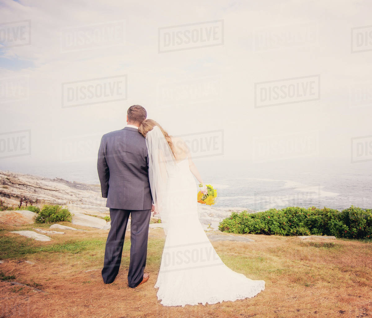 Rear view of married couple standing by sea - Royalty-free Stock Photo ...