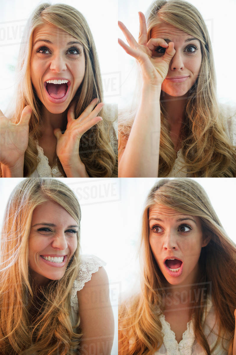 Sequence of portraits of blonde woman making faces - Stock Photo - Dissolve