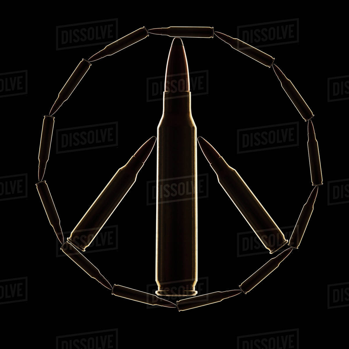 Peace Sign made of bullets on black background - Stock Photo - Dissolve