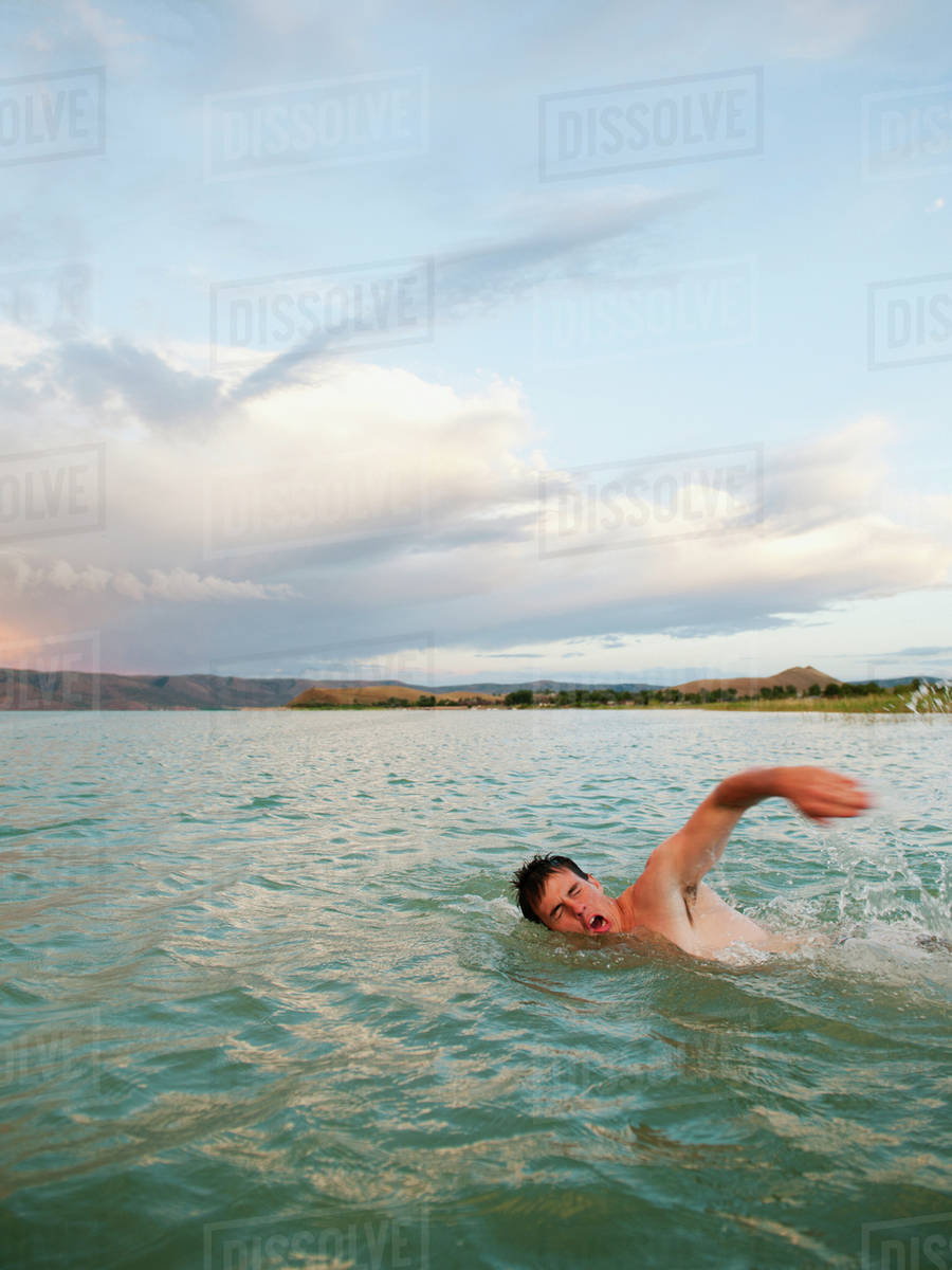 Man swimming in lake - Stock Photo - Dissolve