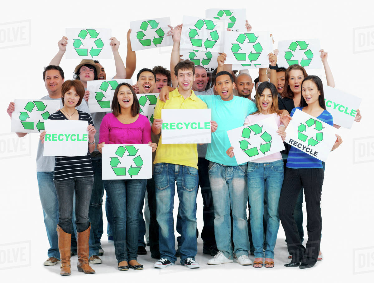 Group of people holding recycle signs - Stock Photo - Dissolve
