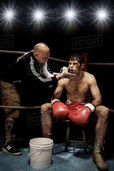 Coach wiping boxer with sponge in corner of boxing ring - Royalty-free ...