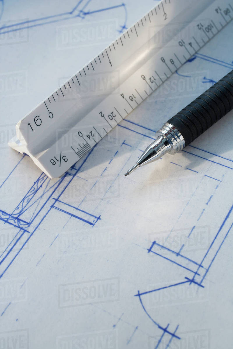 Close up of ruler and pen on blueprints - Royalty-free Stock Photo ...