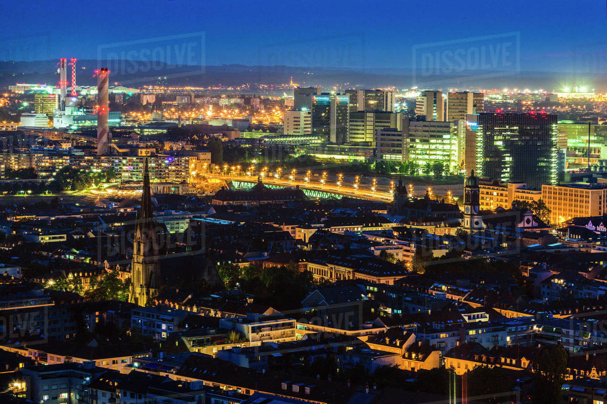 Switzerland, Basel, Basel-Stadt, Cityscape at night - Royalty-free ...