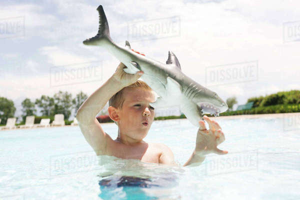 Boy (6-7) playing with toy shark in swimming pool - Royalty-free Stock ...