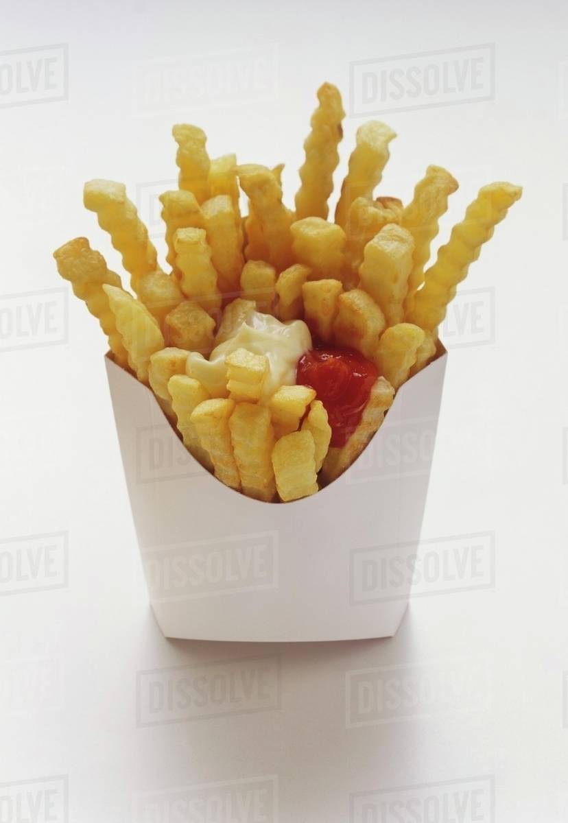 Crinkle Cut French Fries in a White Box with Ketchup and Mayonnaise ...