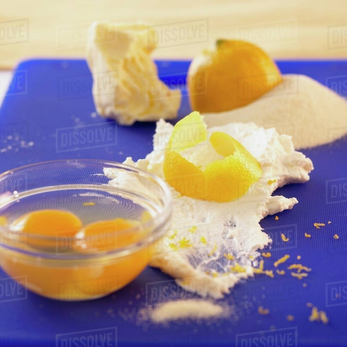 Ingredients: eggs, quark, semolina, butter, lemon - Stock Photo - Dissolve