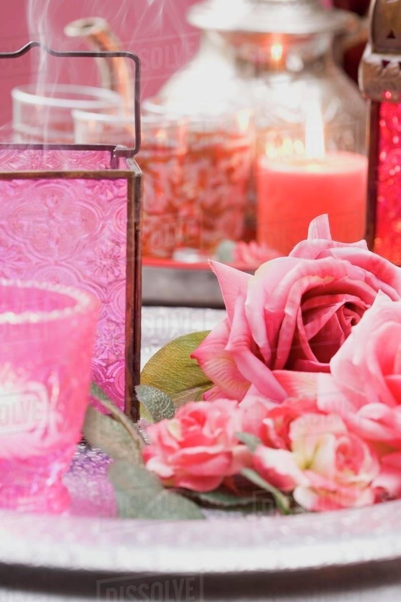 Middle Eastern decorations: windlights, roses and candles - Royalty ...