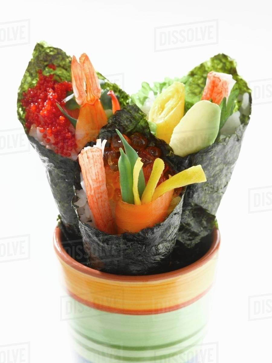 Hand Rolls with Crab, Shrimp, Vegetables and Roe - Stock Photo - Dissolve