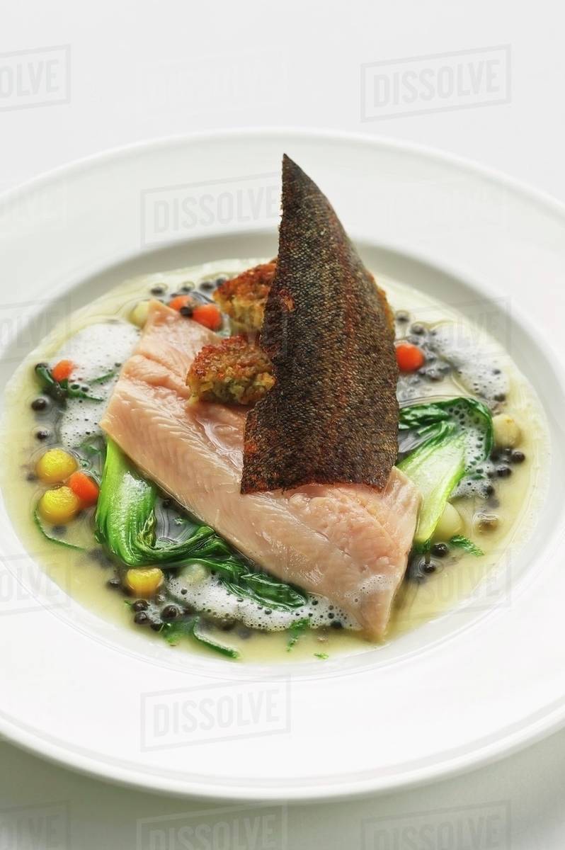 Salmon trout with bok choy and bulgur cakes - Royalty-free Stock Photo ...