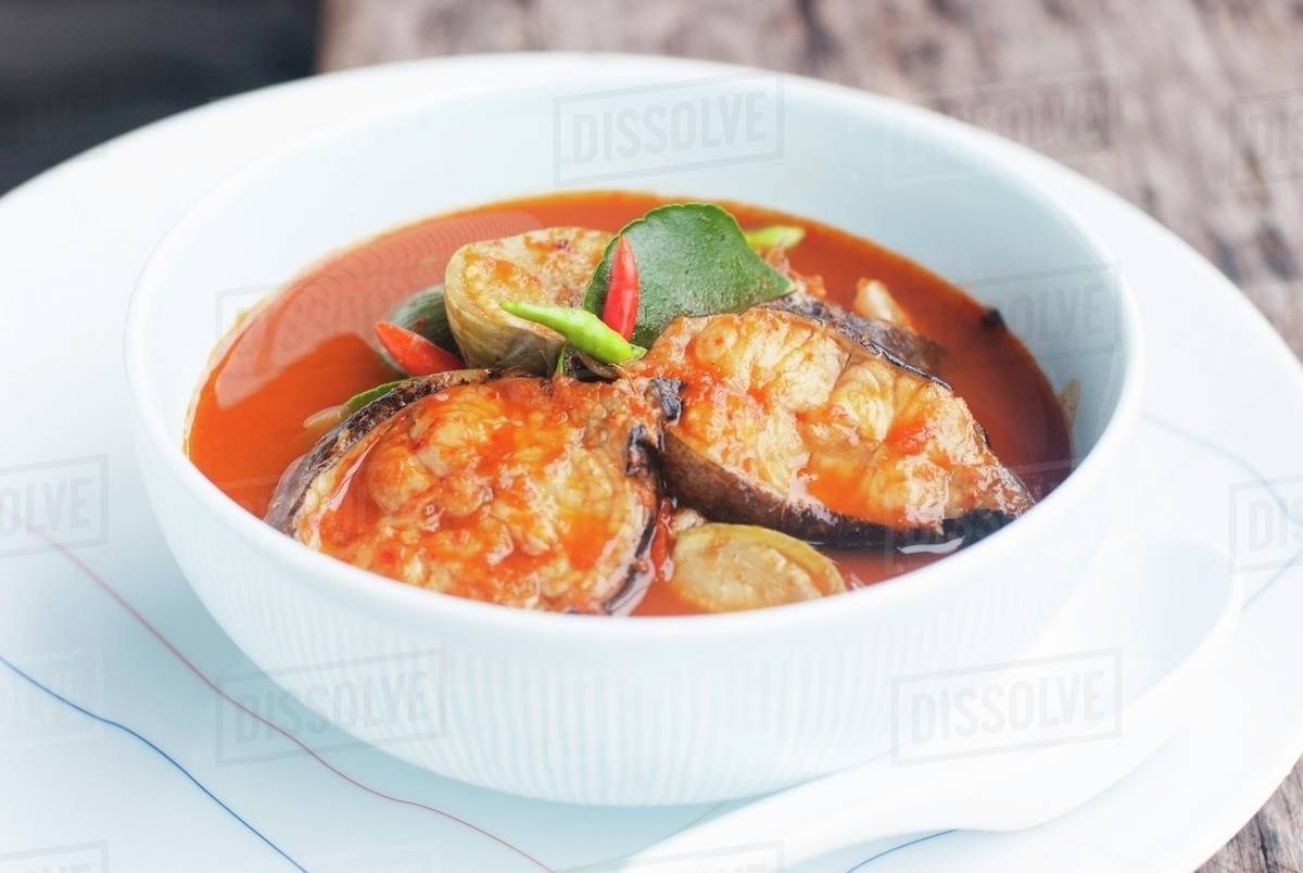 Spicy sour fish curry with catfish and Thai aubergines (Thailand ...