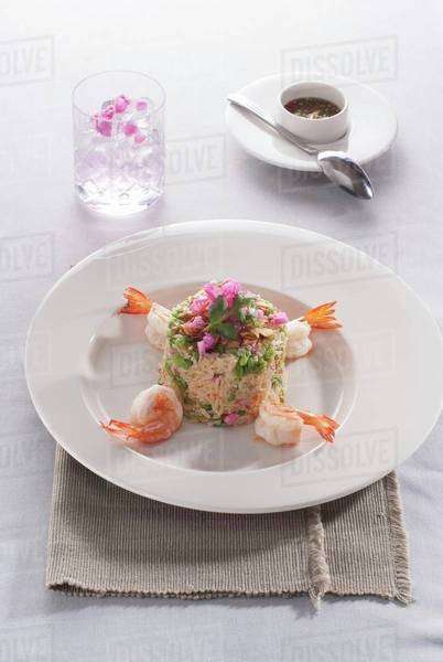 Fried rice with edible flowers and prawns (Thailand) - Stock Photo ...