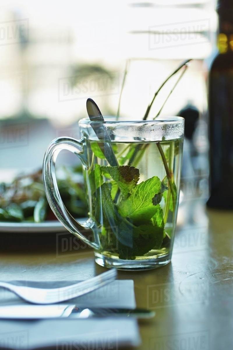 Peppermint tea in a glass cup - Stock Photo - Dissolve