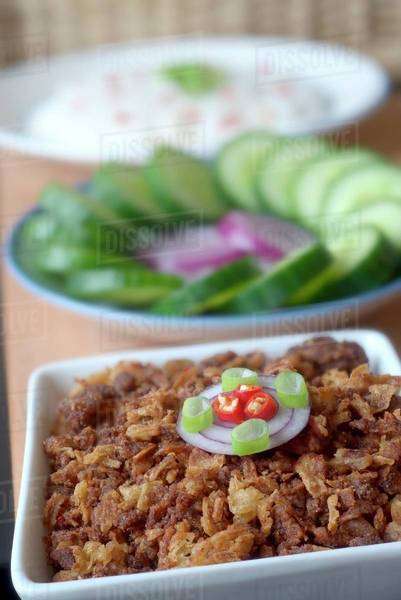 Sauteed prawn paste with a salad and rice from Myanmar - Royalty-free ...