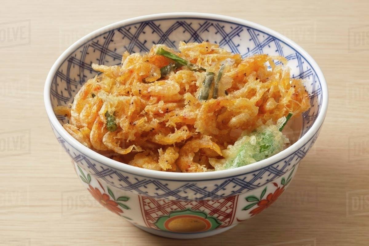 Fried sakura prawns on rice (Japan) - Stock Photo - Dissolve