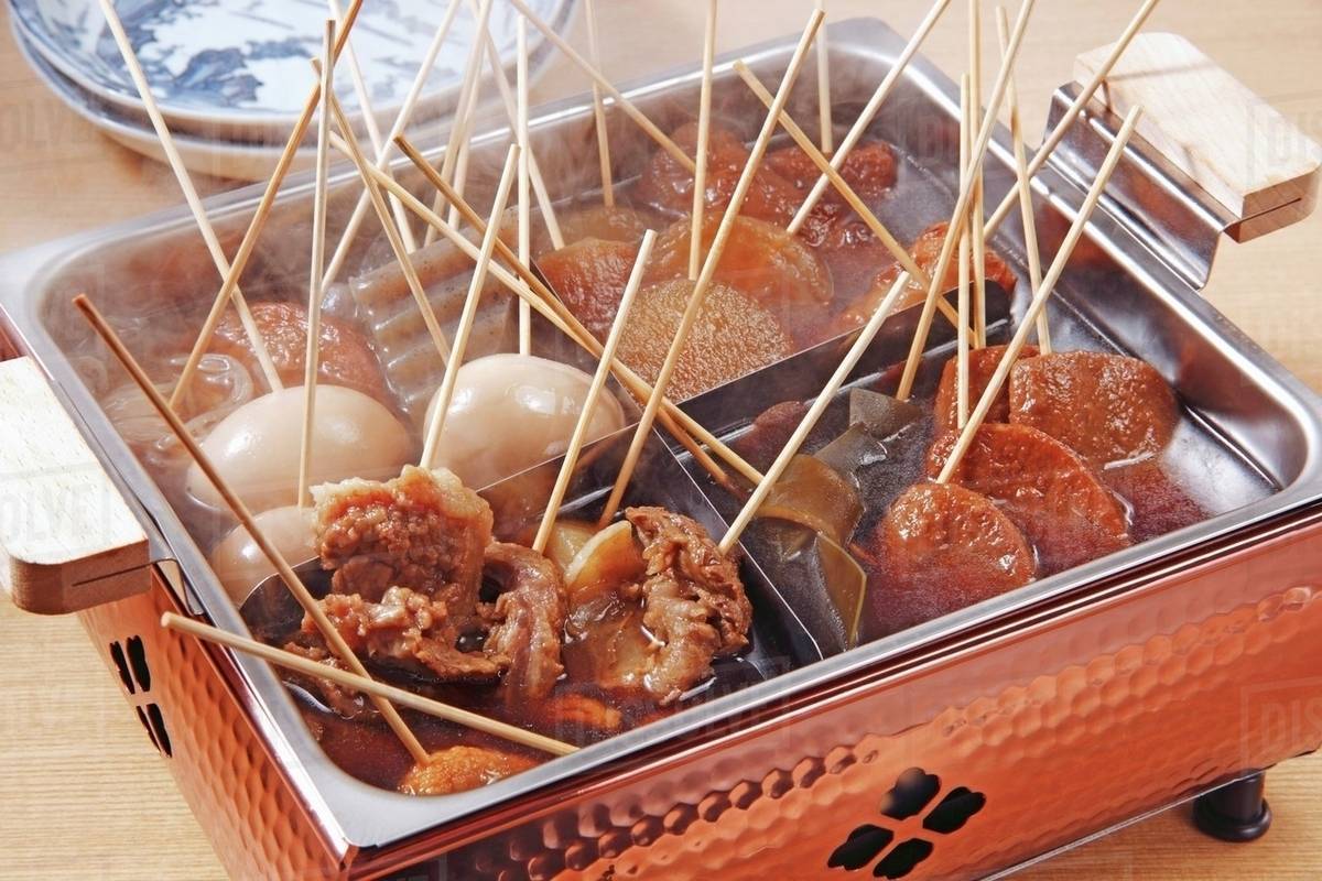 Oden (Japanese dish) with boiled eggs and konjac in dashi broth ...