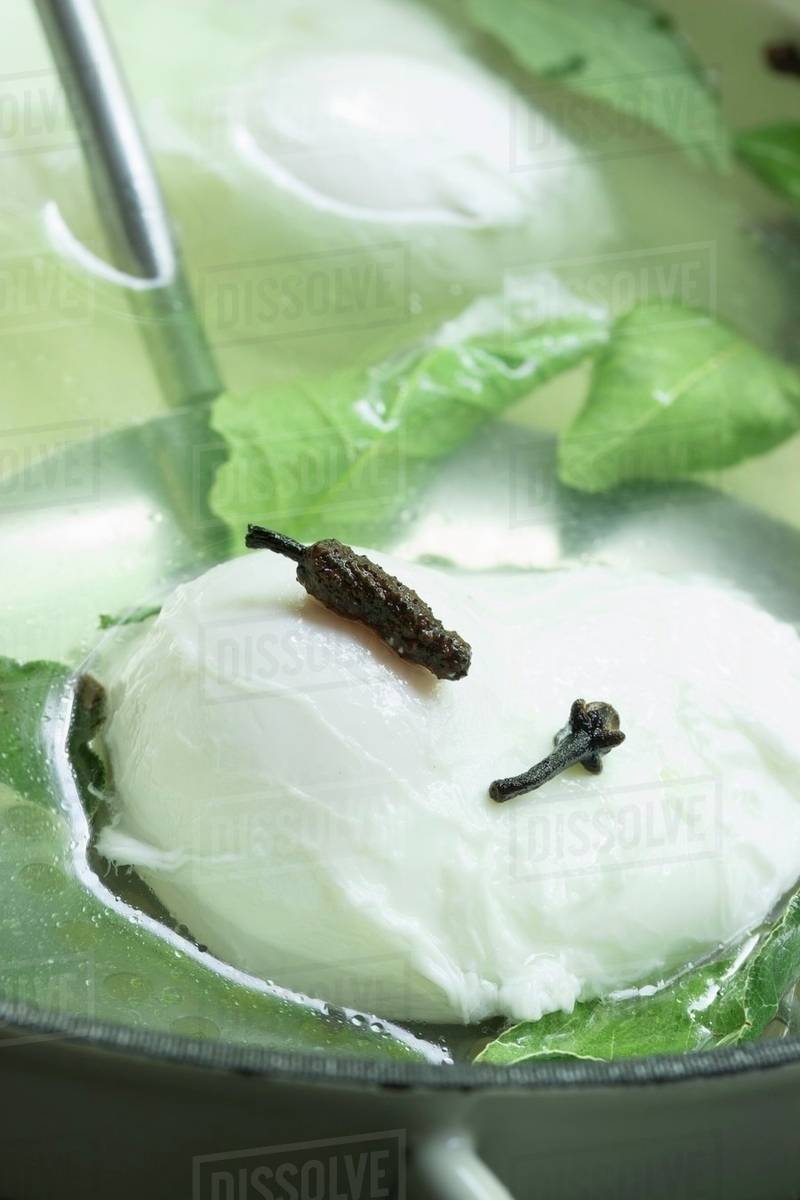 A poached egg on a draining spoon with spices - Stock Photo - Dissolve