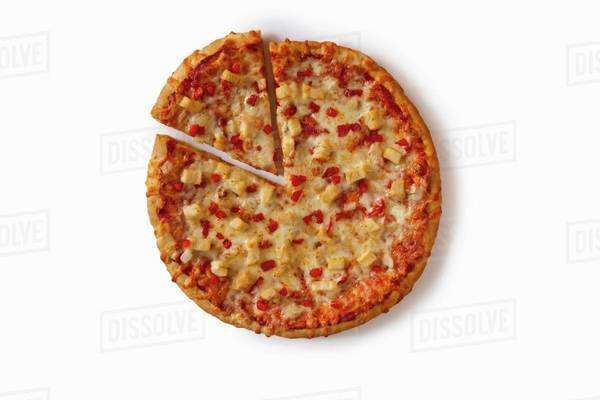 Chicken, Red Pepper and Onion Pizza Sliced Once on a White Background ...