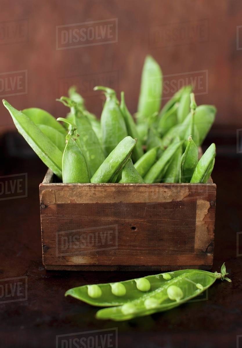 Pea Pods in a Box; One Pod Split Open - Stock Photo - Dissolve