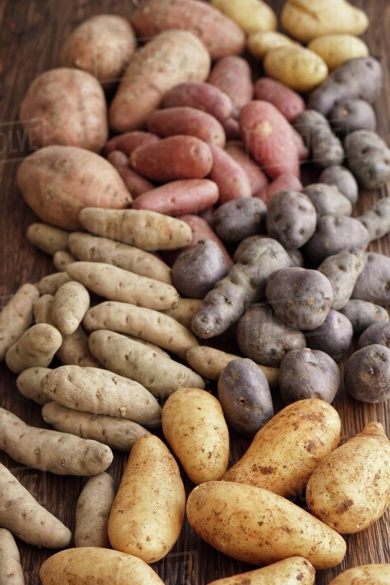 Assorted types of potatoes on a wooden surface - Royalty-free Stock ...