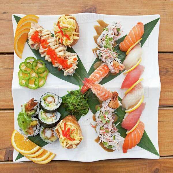 Sushi and Sashimi Sampler Platter; Tuna, Whitefish, Salmon, Shrimp ...