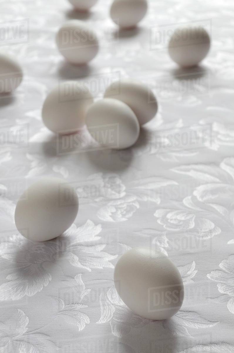 White eggs on patterned fabric - Stock Photo - Dissolve