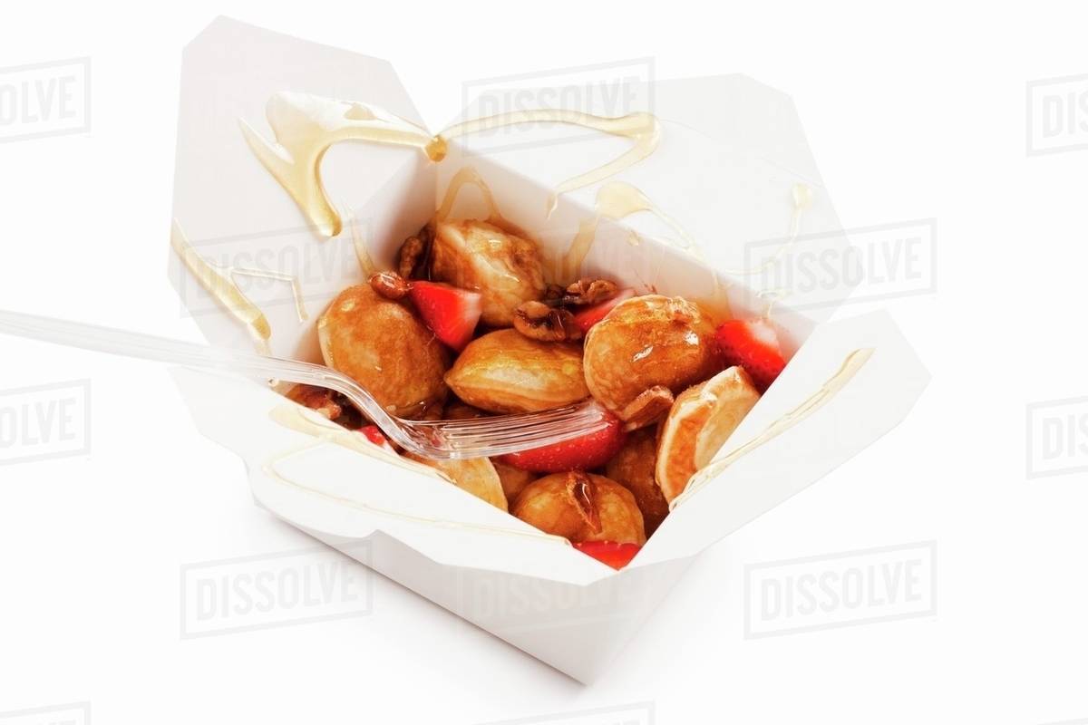 Mini Pancakes with Strawberries and Syrup in a Take Out Container ...