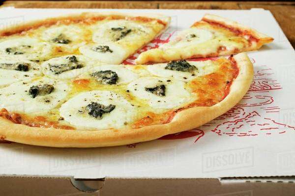 American-style three cheese pizza on pizza box - Royalty-free Stock ...